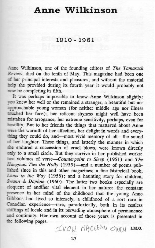 The Poet Anne Wilkinson – Symbols of Perspiration